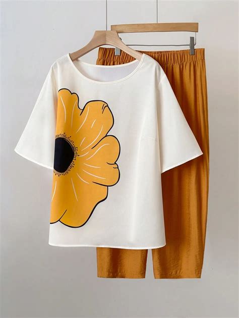 SHEIN LUNE Conjunto De Dos Piezas Con Estampado De Verano De Mangas Cortas Y Pantalones Largos