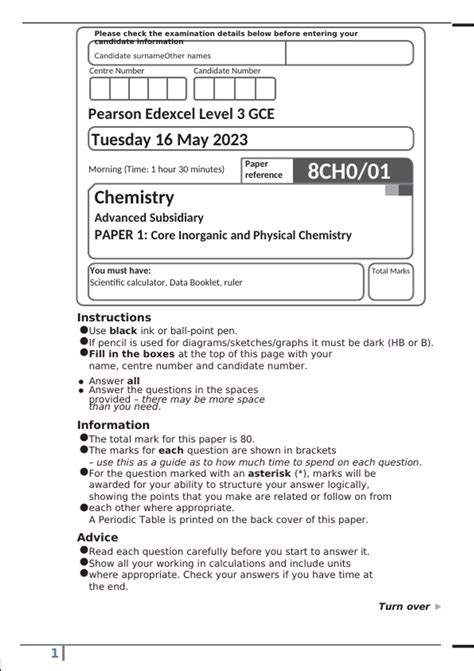Pearson Edexcel Level 3 Gce Chemistry Advanced Subsidiary Paper 1 Core