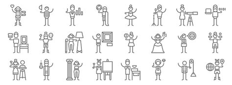 일반 예술 라인 아이콘 선형 집합입니다 지리 보석 그림 조각 언어 인테리어 드 컴퓨터 과학 댄서 마임 과 같은 품질 벡터 라인 세트 가수에 대한 스톡 벡터 아트 및 기타