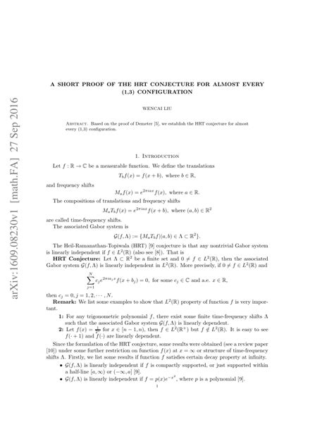 Pdf A Short Proof Of The Hrt Conjecture For Almost Every 1 3 Configuration