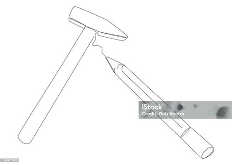 펠트 끝 펜으로 그려진 해머의 연속 선 가는 선 일러스트레이션 벡터 건설 산업 개념입니다 등고선 그리기 창의적인 아이디어 강철에