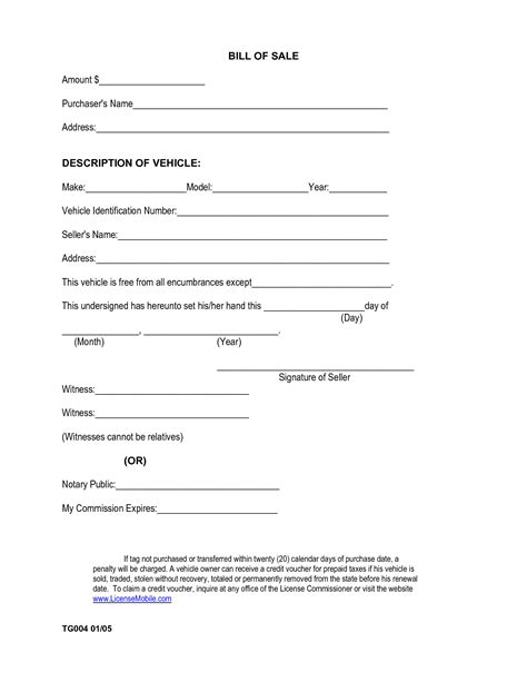 Automobile Bill Of Sale Printable Form