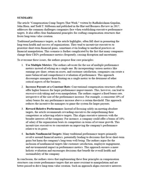 Comp Targets That Work Article Summary Pdf Performance Indicator Incentive