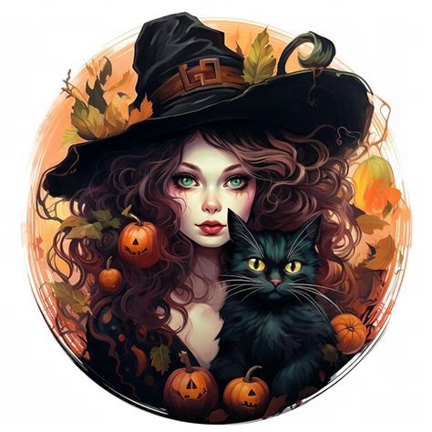 Premium Ai Image Colorful Halloween Witch With Cat