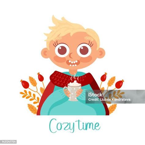 아늑한 시간 파란색 스웨터와 빨간 스카프를 입은 쾌활한 금발 소년이 마시멜로와 함께 코코아를 마신다 가을 단풍과 열매 따뜻한 옷 포스터 엽서 배너 직물 인쇄 가을에 대한