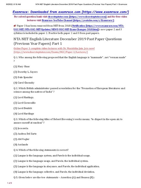 Nta Net English Literature December 2019 Past Paper Questions Previous Year Papers Part 1
