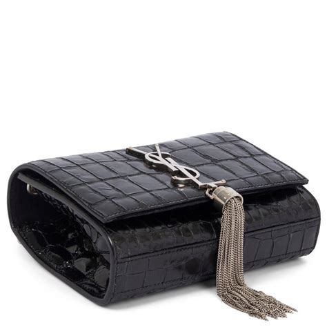 Saint Laurent Black Leather Croc Kate Small Chain Shoulder Bag For Sale