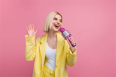 Portrait Of Gorgeous Positive Girl Hold Mic Sing Karaoke Chill Weekend