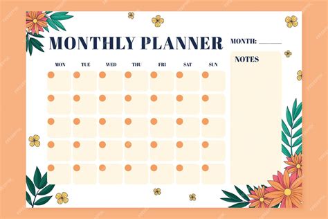 Нарисованный от руки шаблон ежемесячного планировщика на 2024 год с цветами Бесплатно векторы