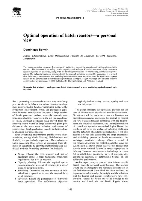 Pdf Optimal Operation Of Batch Reactors A Personal View