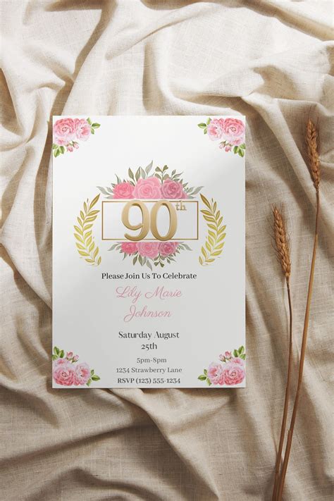 Editable 90th Birthday Invitation Woman Birthday Invitation Pink Floral