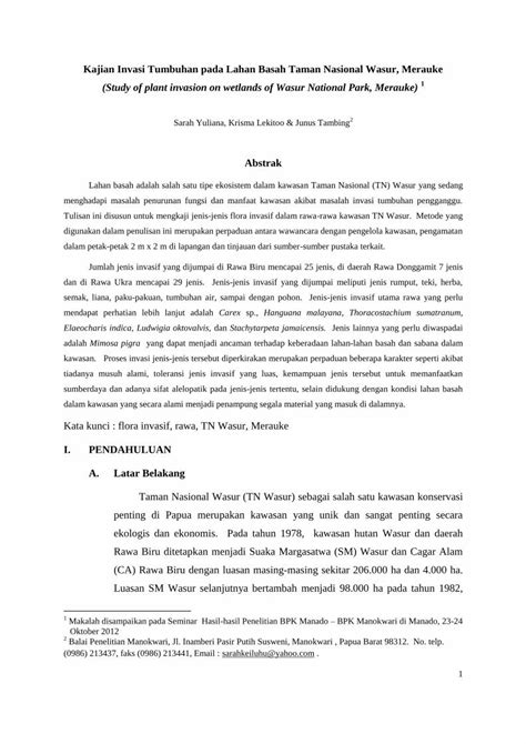 PDF Kajian Invasi Tumbuhan Pada Lahan Basah Taman Nasional Peran Dan Fungsi Kawasan