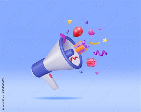 3D Megaphone With Colorful Confetti Render Megaphone Realistic Modern