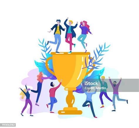 비즈니스 팀 성공 개최 골든 위너 컵 사람들의 개념은 승리에 만족합니다 큰 트로피를 들고 축하하는 사무직 근로자 개념에 대한