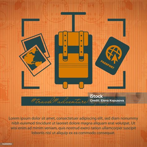 관광 모험 및 평면 스타일의 여행 텍스트를위한 공간이있는 골판지 복고풍 배경에 여권과 사진이 있는 수하물 여행 주제에 대한 스톡 벡터 아트 및 기타 이미지 Istock