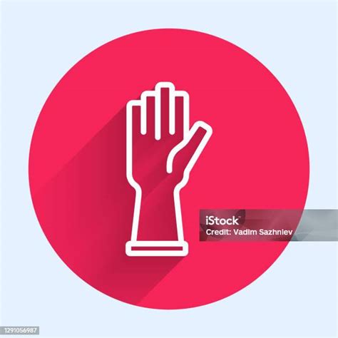 긴 그림자로 격리 된 흰색 라인 고무 장갑 아이콘 라텍스 손 보호 표지판 집안일 청소 장비 기호 빨간색 원 버튼입니다 벡터 가사 집안일에 대한 스톡 벡터 아트 및 기타