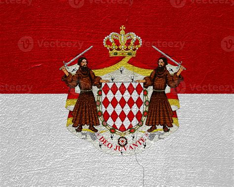 Flag And Coat Of Arms Of Principality Of Monaco On A Textured