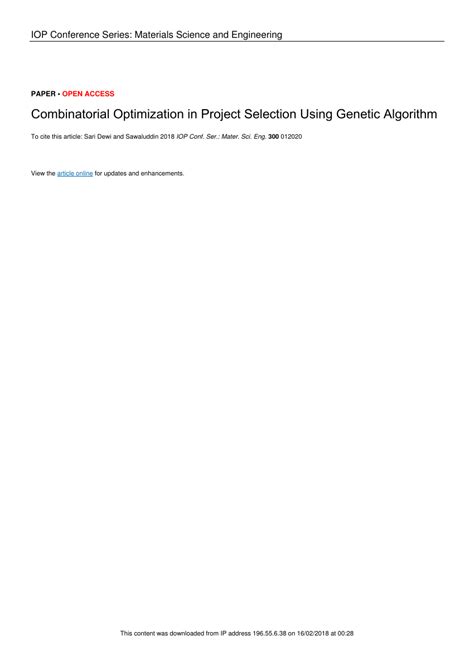pdf combinatorial optimization in project selection using genetic