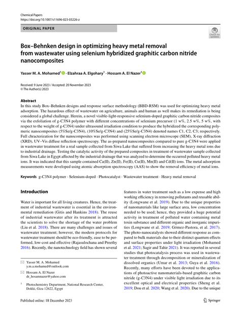 Pdf Box Behnken Design In Optimizing Heavy Metal Removal From