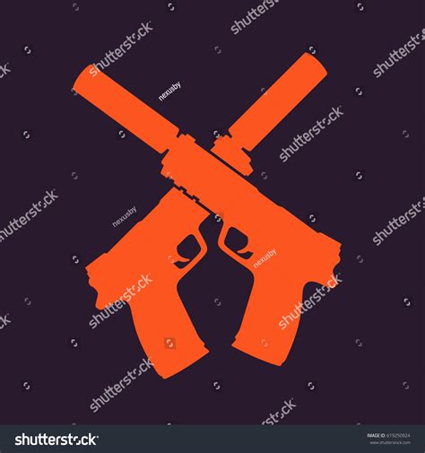 Pistols Silhouette Handguns Silencers Print Crossed Stock Vector