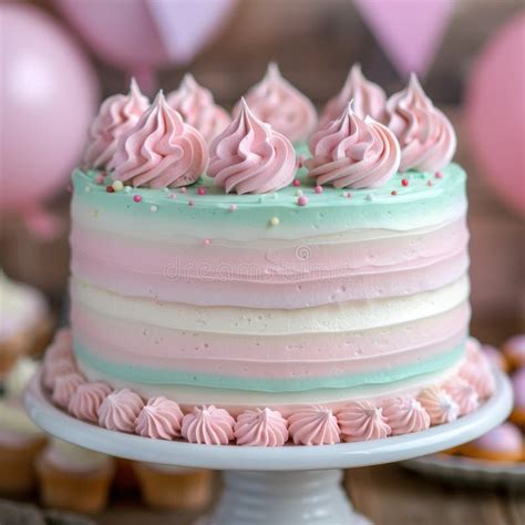 Delightful Pastel Birthday Cake With Pink Frosting And Sprinkles Stock