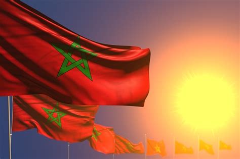 일몰에 좋은 많은 모로코 플래그는 텍스트에 대 한 보 케와 공간 대각선 배치어떤 축 하 플래그 3d 그림 0명에 대한 스톡 사진 및 기타 이미지 Istock