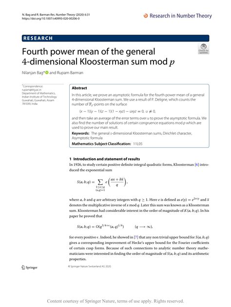 Fourth Power Mean Of The General 4 Dimensional Kloosterman Sum Mod P Request Pdf