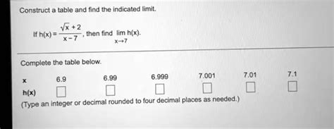 solved construct table and find the indicated limit if h x then
