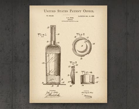 6 Wine Patent Art Vintage Wine Bottle Blueprint Wine Press Drawing