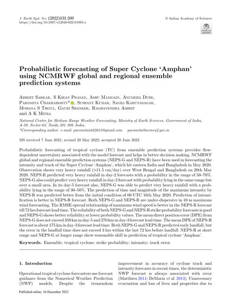 Pdf Probabilistic Forecasting Of Super Cyclone ‘amphan Using Ncmrwf