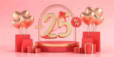 25 할인 창의적인 구성을 할인합니다 장식 개체 하트 모양의 풍선 황금 색종이 풍선 쇼핑백 연단 및 선물 상자가 있는 3d 판매