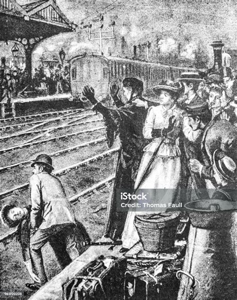 Ilustración De Atestado Tren Plataforma De La Estación En Victorian