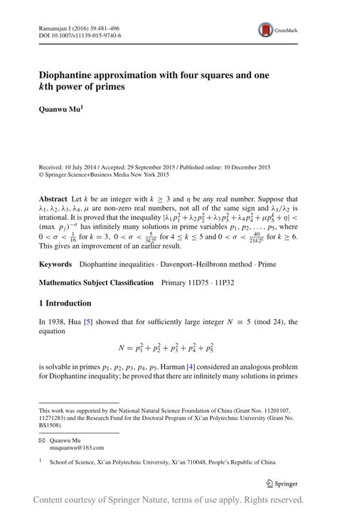 Diophantine Approximation With Four Squares And One Kth Power Of Primes Request Pdf