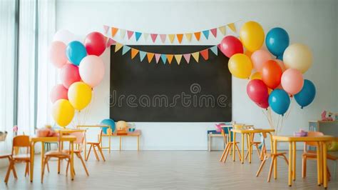 Festive Classroom Decorated For Teachers Day Colorful Balloons Triangle Flags Adorn Space