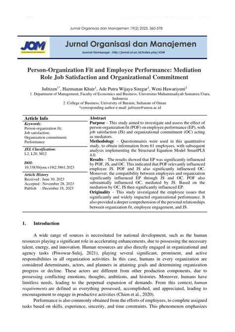 Pdf Person Organization Fit And Employee Performance Mediation Role Job Satisfaction And