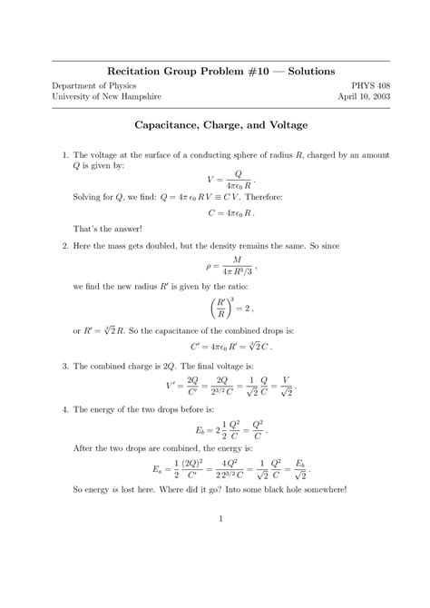 Capacitance Charge And Voltage Problem Set 10 With Solutions Phys