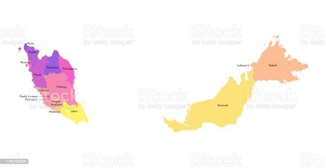 말레이시아의 단순화 된 관리지도의 벡터 격리 그림입니다 테두리 및 지역의 이름입니다 멀티 컬러 실루엣 0명에 대한 스톡 벡터