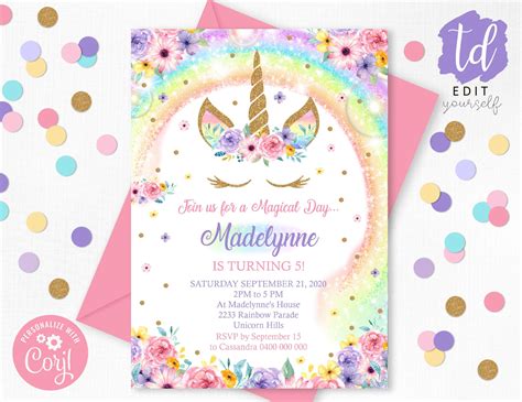 Rainbow Unicorn Birthday Invitation Editable Rainbow Unicorn Etsy