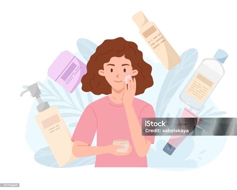 얼굴에 보습 크림을 바르는 여자 흰색 배경에 격리된 평면 벡터 삽화 피부 관리 루틴 자기 관리 및 피부과의 개념 햇볕 차단