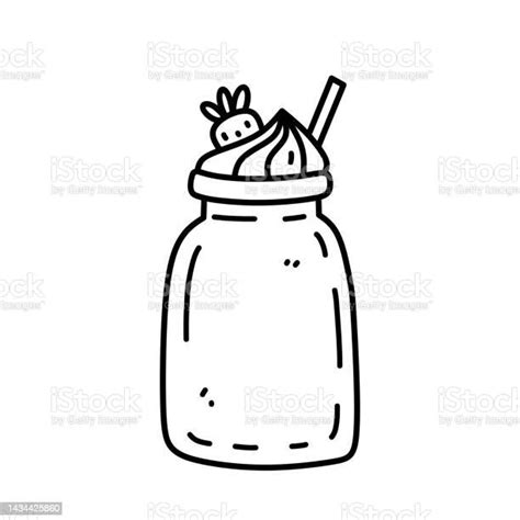 흰색 배경에 분리 된 휘핑 크림을 함유 한 딸기 밀크 셰이크 낙서 스타일의 벡터 손으로 그린 일러스트레이션 카드 로고 장식 메뉴 다양한 디자인에 적합합니다 스무디에 대한