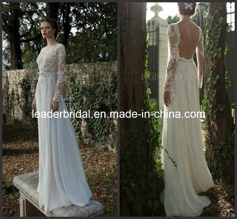 China Sheer Sleeves Open Back Lace Chiffon Bridal Wedding Gown A016