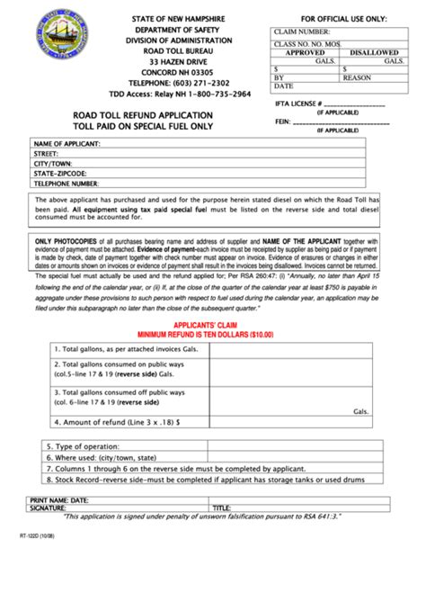 Form Rt 122d Road Toll Refund Application Toll Paid On Special Fuel