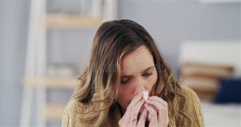 Covid Sick Or Cold Person Blowing Nose Sneeze With Tissue And Ill