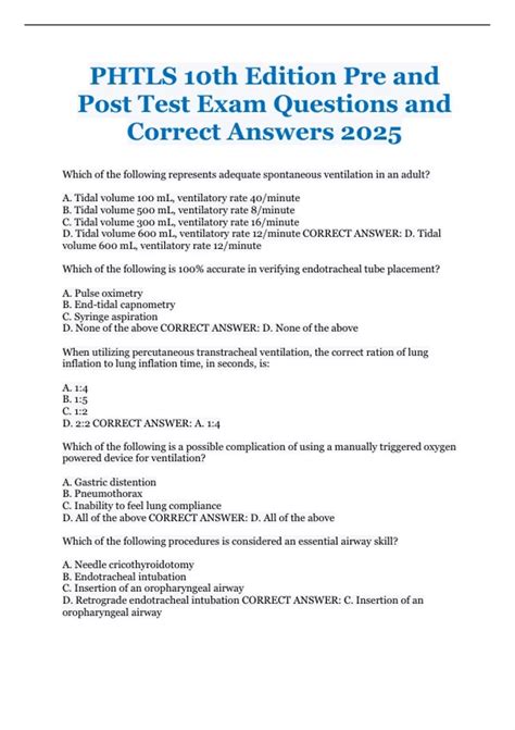 Phtls 10th Edition Pre And Post Test Exam Questions And Correct Answers 2025 Phtls 10th
