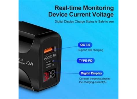 Carregador De Parede Com Fonte 1 Usb E 1 Type C 20w Display Digital Com