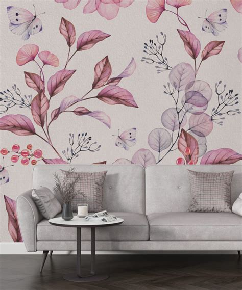 Soft Pembe Tonlarında Çicekler Ve Kelebek Duvar Kağıdı