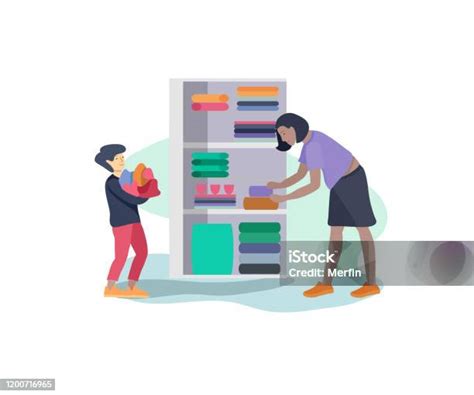 가사를하는 가족과 장면 어머니가 집을 청소하는 것을 돕는 아이 소년 옷장이나 옷장에 물건을 넣어 옷을 씻는 다 만화의 벡터