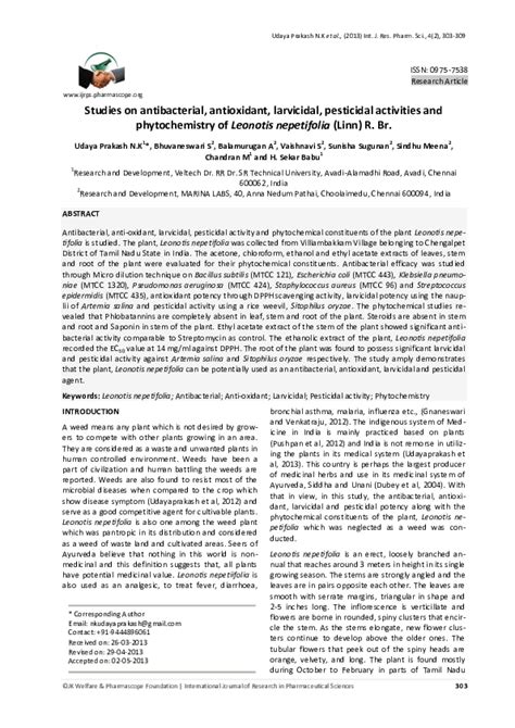 Pdf Studies On Antibacterial Antioxidant Larvicidal Pesticidal
