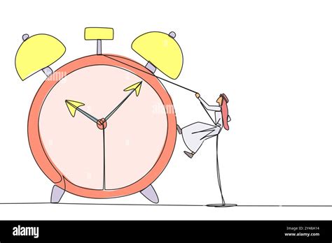 Single Continuous Line Drawing Arab Businessman Climbing Alarm Clock