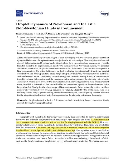 Droplet Dynamics Of Newtonian And Inelastic Non Newtonian Fluids In Confinement Pdf Shear